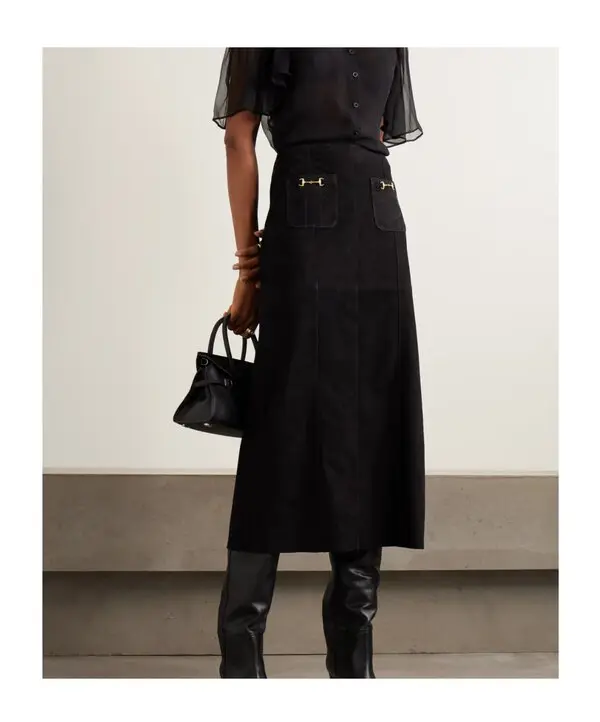 Rixo Edwina Embellished Paneled Suede Midi Skirt - Black