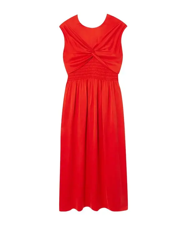 Tove Mahaney Gathered Smocked Silk Midi Dress - Red