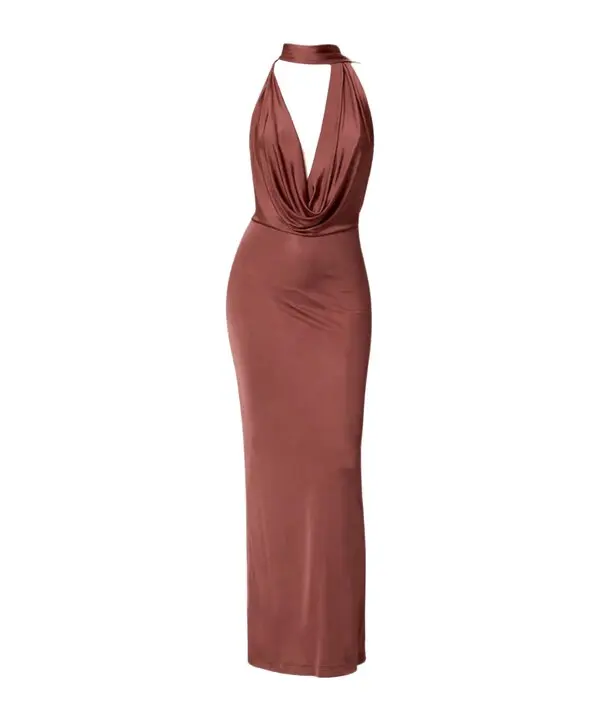 AMAZUIN Halterneck Draped Maxi Dress With Open Back And Scarf Ties - Red