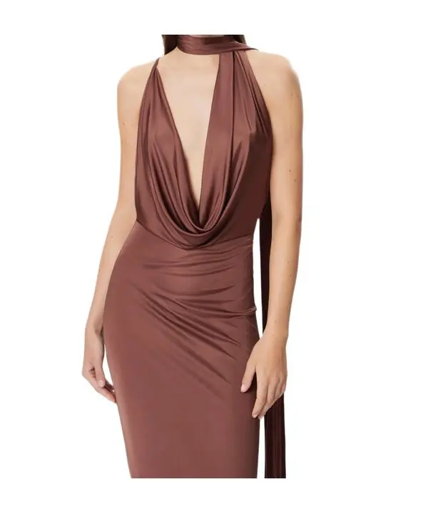 AMAZUIN Halterneck Draped Maxi Dress With Open Back And Scarf Ties - Red