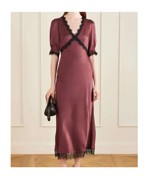 Rixo Annina Satin Midi Dress With Lace Trim - Red