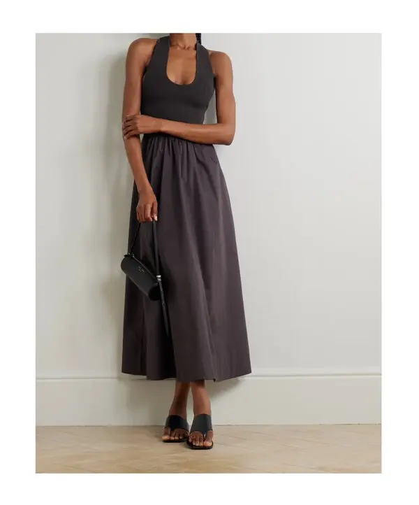 ST. AGNI Ribbed-knit And Cotton-poplin Midi Dress - Brown