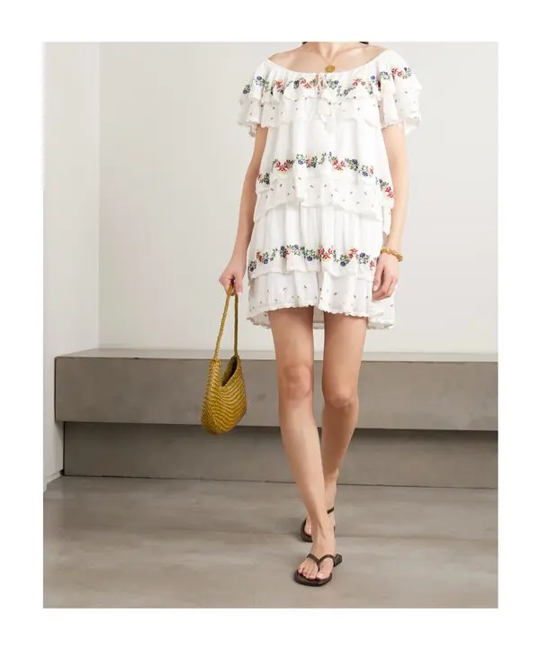 Rixo Embroidered Tiered Dress With Front Tie