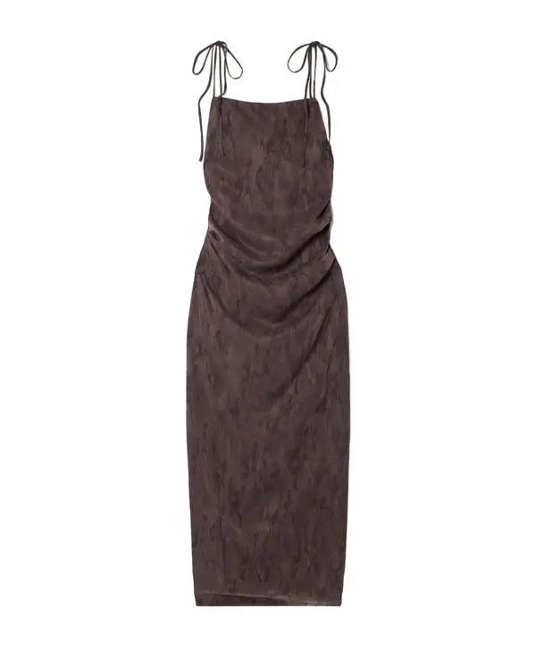 ST. AGNI Gathered Washed Satin-jacquard Maxi Dress - Brown