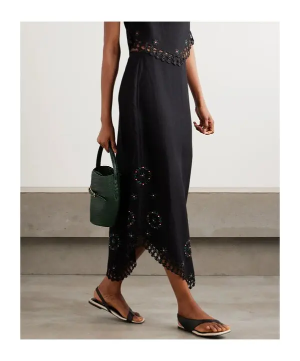 Rixo Crocheted Embroidered Midi Skirt