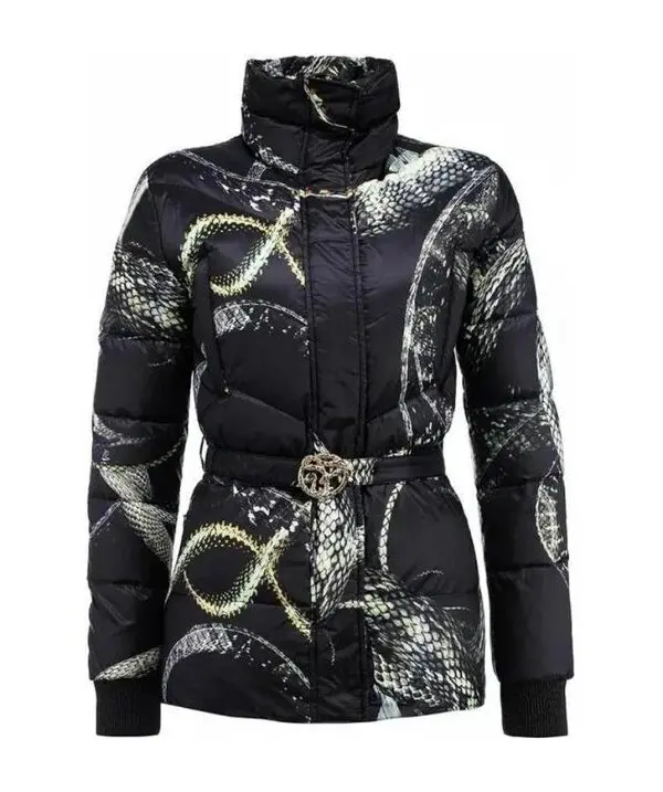 Just Cavalli Stand-collar Puffer Jacket With Serpent Print And Belt - Black