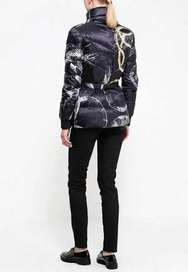 Just Cavalli Stand-collar Puffer Jacket With Serpent Print And Belt