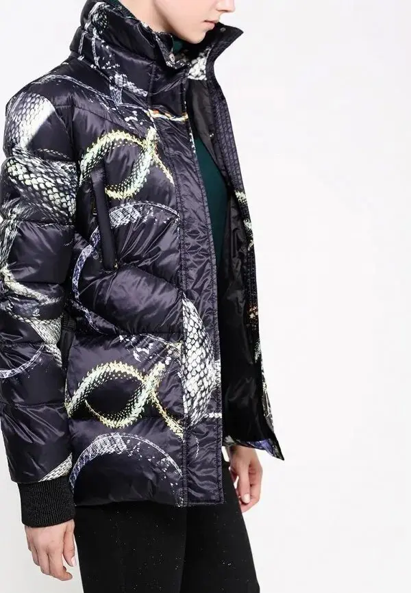 Just Cavalli Stand-collar Puffer Jacket With Serpent Print And Belt