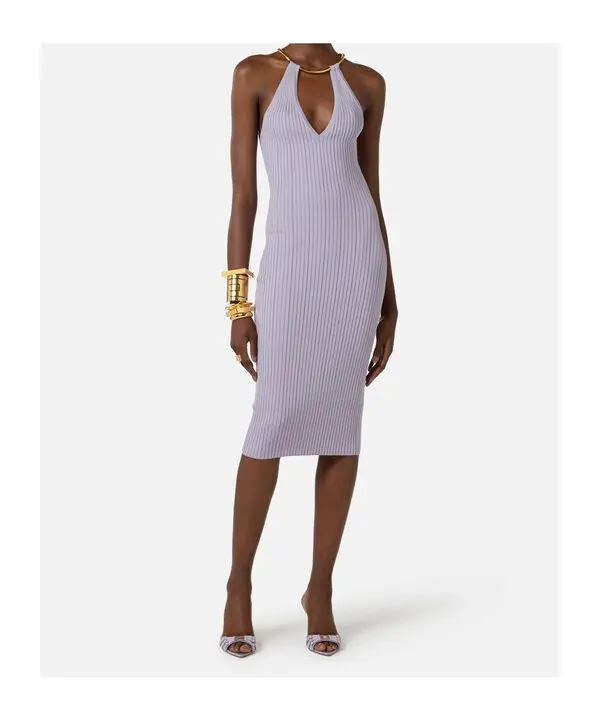 Elisabetta Franchi Openwork Knit Halter Neck Dress With Necklace Detail - Lavender