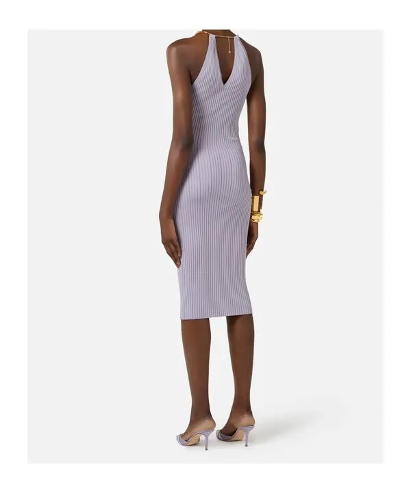 Elisabetta Franchi Openwork Knit Halter Neck Dress With Necklace Detail - Light Purple
