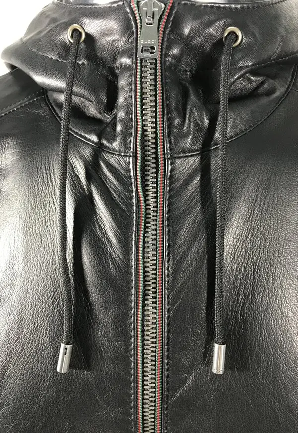 Gucci Logo Hooded Leather Jacket - Black