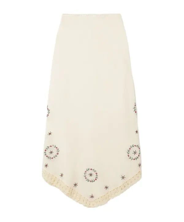 Rixo Crocheted Trim Embroidered Midi Skirt - White