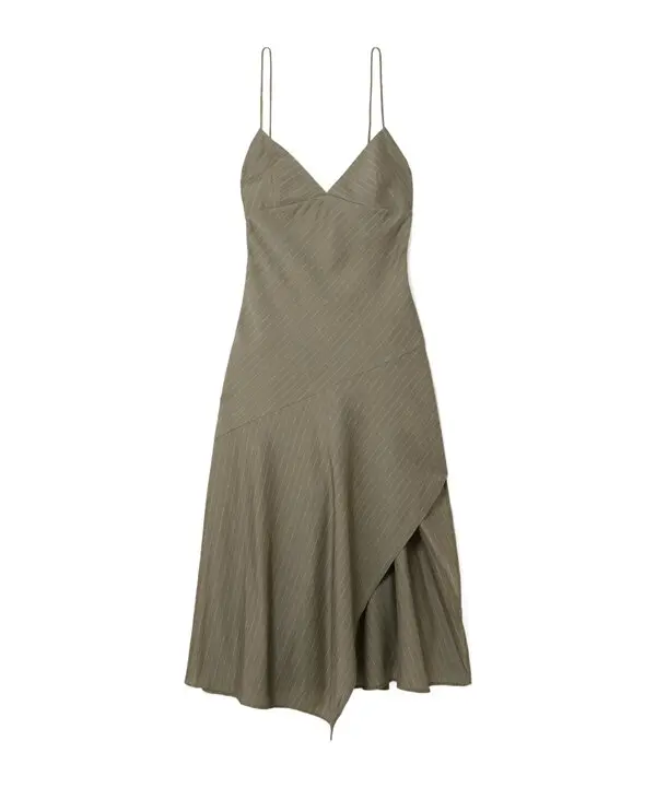 ST. AGNI Paneled Asymmetric Pinstriped Cotton-blend Twill Dress - Gray Green