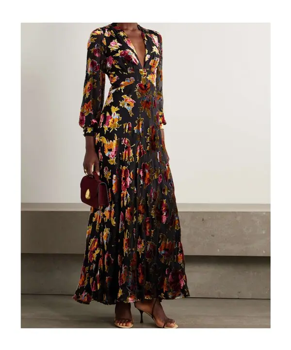 Rixo Floral Print Long Sleeve V-neck Maxi Dress
