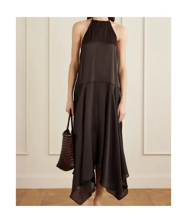 ST. AGNI Asymmetrical Silk-satin Halterneck Maxi Dress