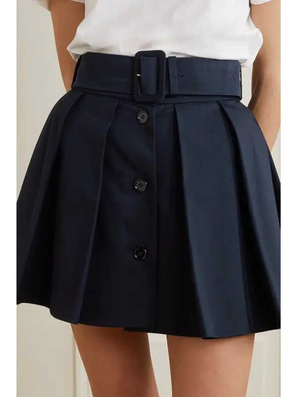 PATOU Belted Pleated Cotton-twill Mini Skirt
