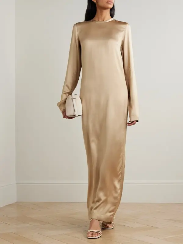 TOTEME Long Sleeve Satin Maxi Dress - Beige