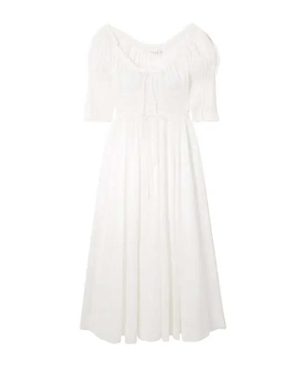 DÔEN Ischia Shirred Organic Cotton-blend Voile Midi Dress - White