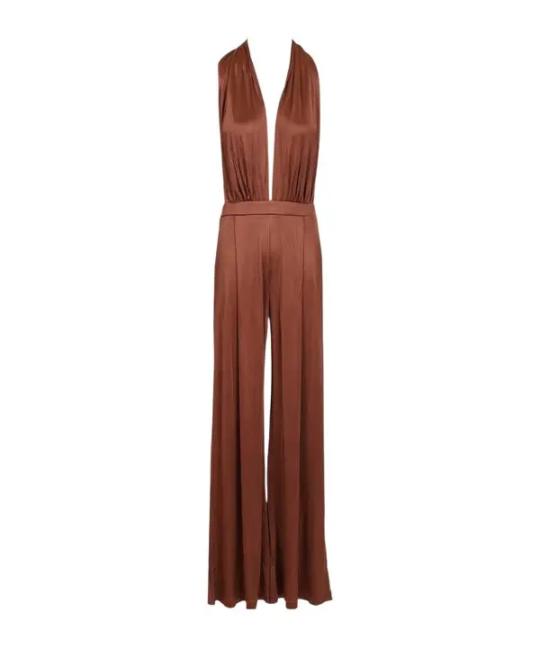 AMAZUIN Tie Backless Jumpsuit With Plunge V-neck And Wide Legs - Brown