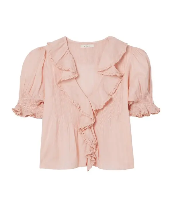 DÔEN Ruffled Lace Trim Puff Sleeve Blouse - Pink
