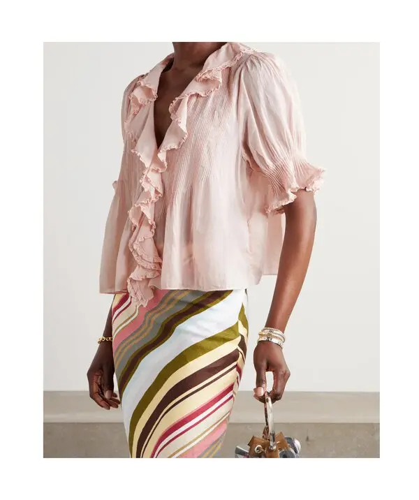 DÔEN Ruffled Lace Trim Puff Sleeve Blouse - Pink