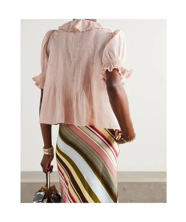 DÔEN Ruffled Lace Trim Puff Sleeve Blouse - Pink