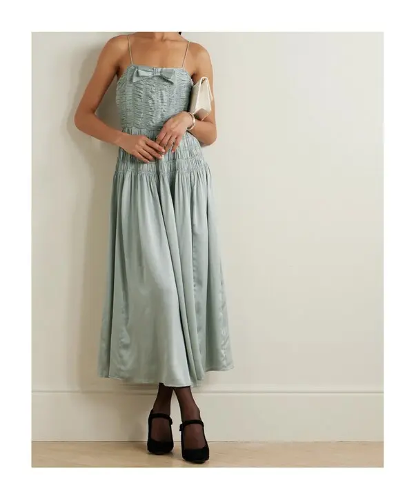 DÔEN Spaghetti Strap Midi Dress With Pleated Neckline And Bow Accent
