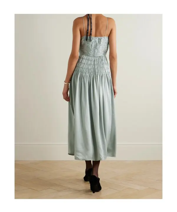 DÔEN Spaghetti Strap Midi Dress With Pleated Neckline And Bow Accent