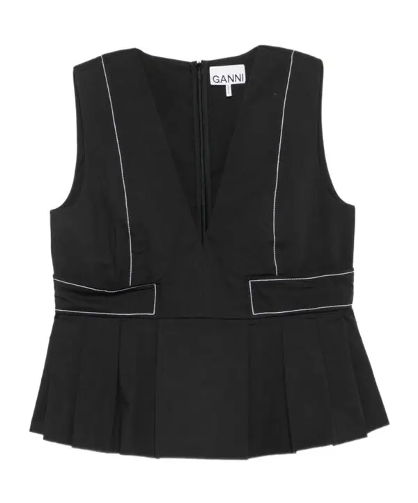 GANNI V-neck Top With Zipper Closure And Pleated Hem