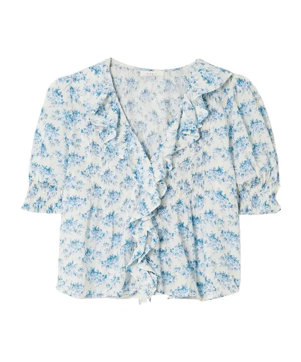 DÔEN Henri Ruffled Pintucked Floral-print Organic Cotton-voile Top - Blue