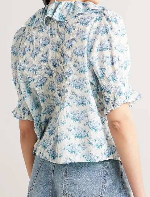 DÔEN Henri Ruffled Pintucked Floral-print Organic Cotton-voile Top - Blue
