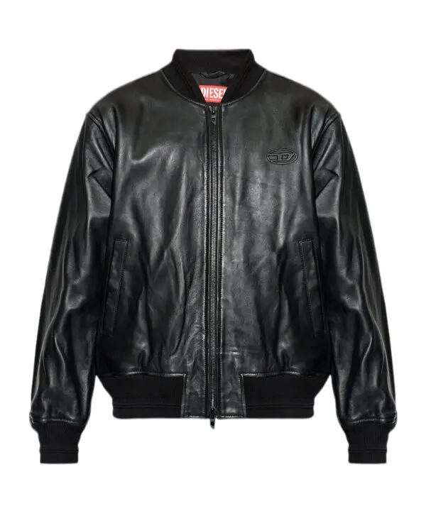 DIESEL® Leather Bomber Jacket With Embossed Logo - Black