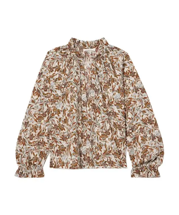 DÔEN Floral Print Tie Neck Long Sleeve Blouse