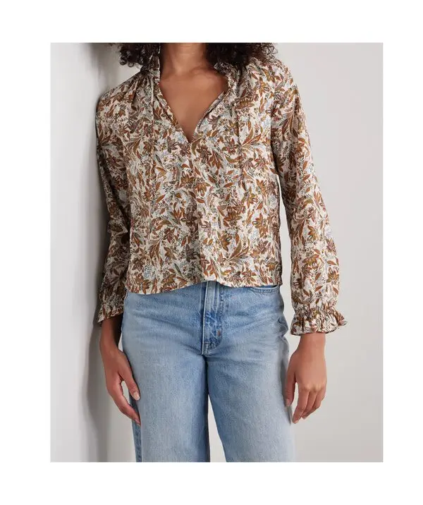 DÔEN Floral Print Tie Neck Long Sleeve Blouse