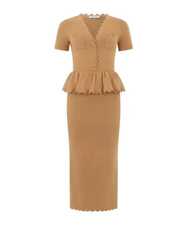 SELF-PORTRAIT Peplum Button Long Dress - Camel