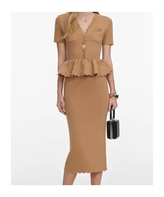 SELF-PORTRAIT Peplum Button Long Dress - Camel