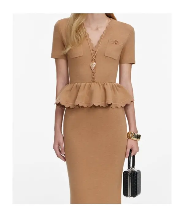 SELF-PORTRAIT Peplum Button Long Dress - Camel