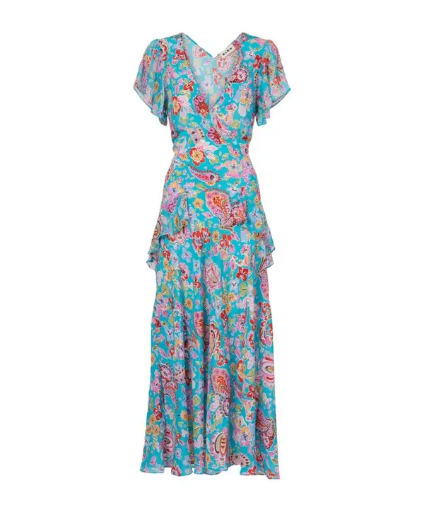 Rixo Short Sleeve V-neck Floral Print Maxi Dress