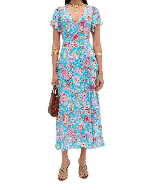 Rixo Short Sleeve V-neck Floral Print Maxi Dress