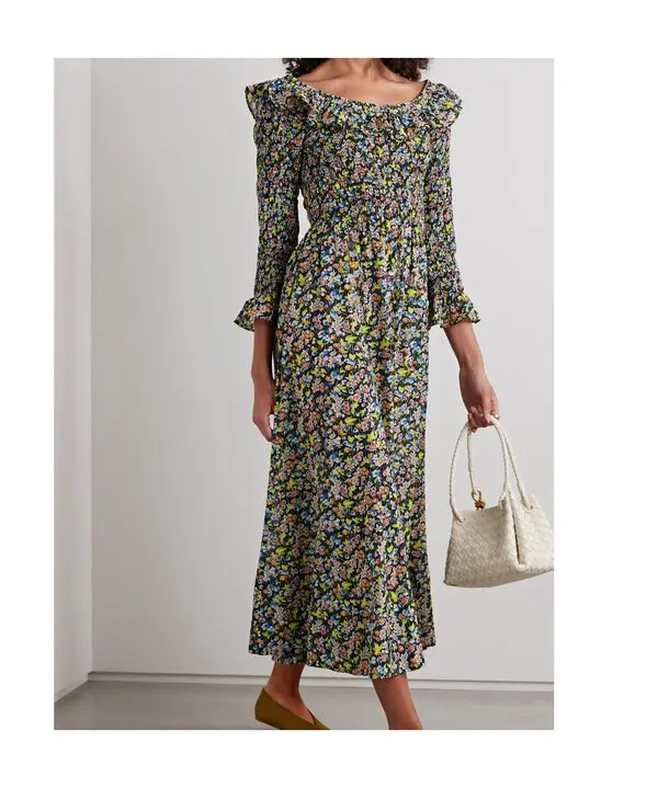 DÔEN Ruffled Floral Print Midi Dress