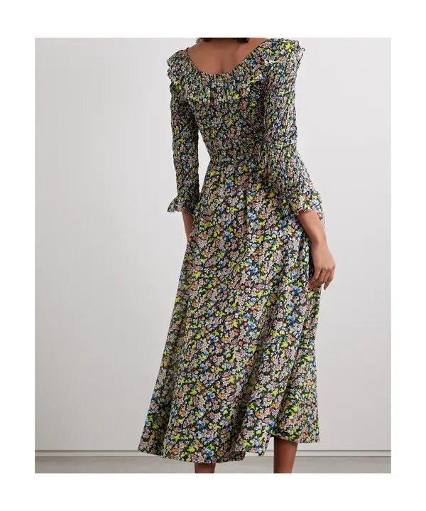 DÔEN Ruffled Floral Print Midi Dress