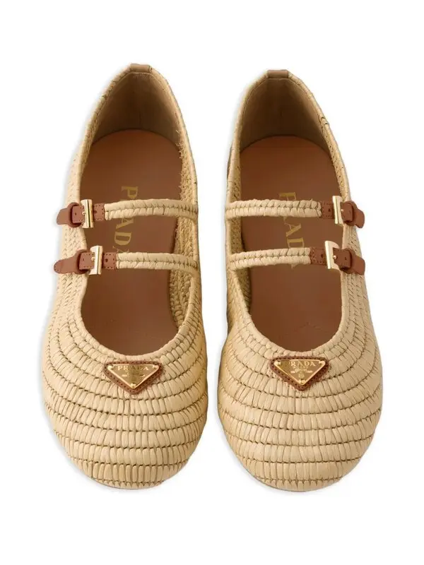 Prada Raffia Ballerinas With Logo Detail - Light Brown