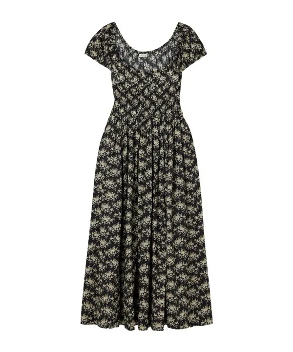 DÔEN Quinley Shirred Floral-print Organic Cotton-voile Midi Dress - Black