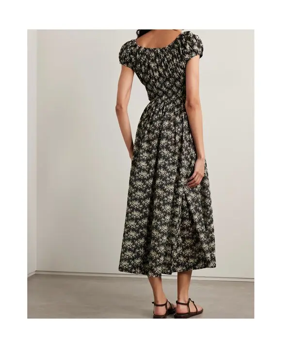 DÔEN Quinley Shirred Floral-print Organic Cotton-voile Midi Dress - Black