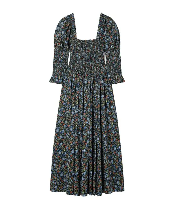 DÔEN Bijou Shirred Floral-print Organic Cotton-voile Midi Dress - Multi-color