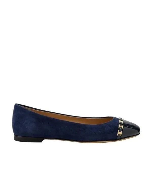 FERRAGAMO Suede And Patent Leather Round Toe Ballet Flats
