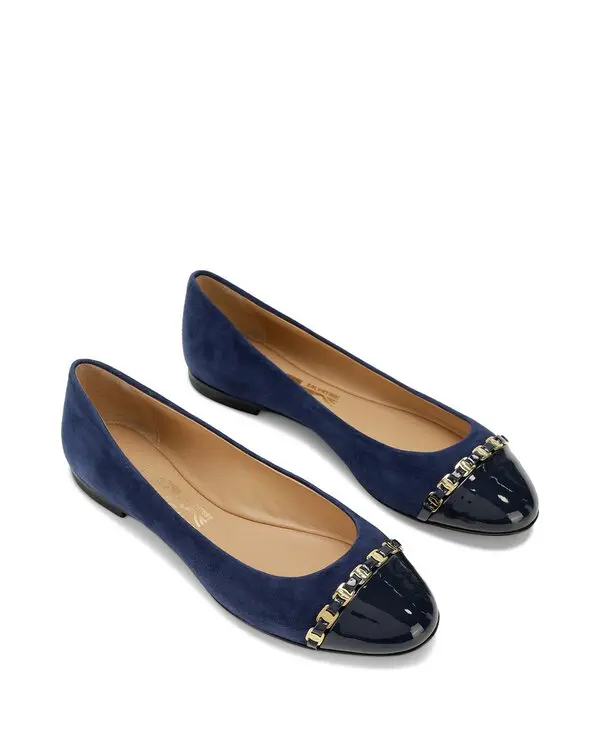FERRAGAMO Suede And Patent Leather Round Toe Ballet Flats
