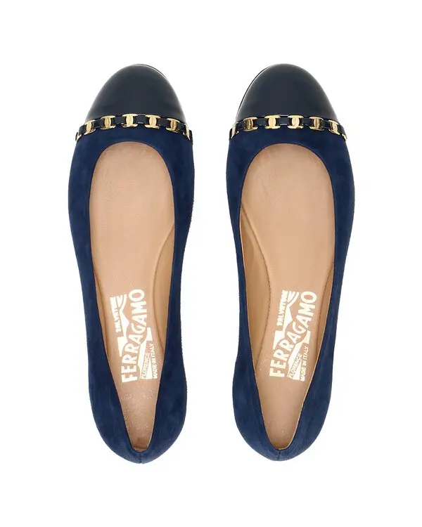 FERRAGAMO Suede And Patent Leather Round Toe Ballet Flats