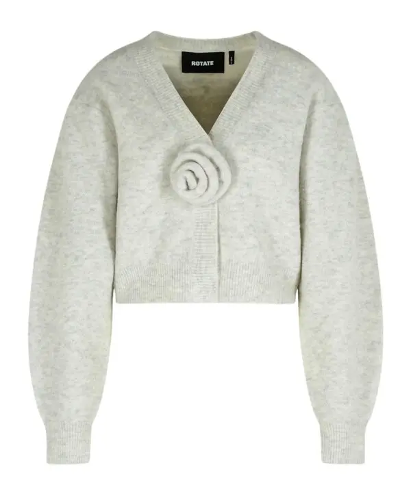 ROTATE BY BIRGER CHRISTENSEN Puff-sleeve Rose-embellished Cardigan - Grey