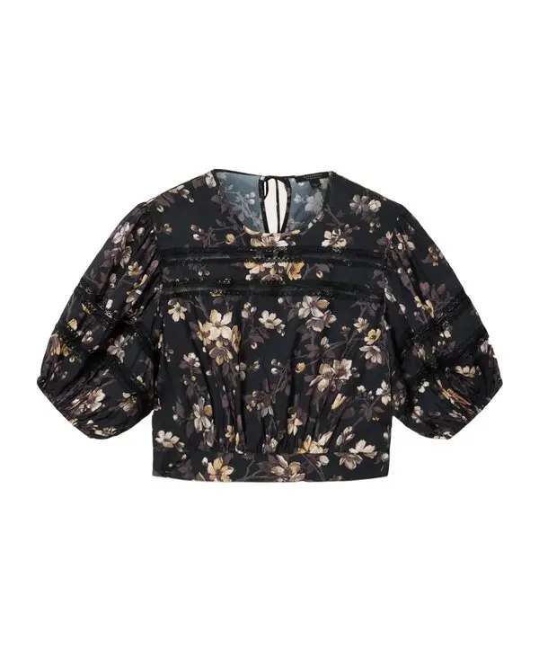 ALLSAINTS Peony Floral Puff Sleeve Top With Lace Detail - Black